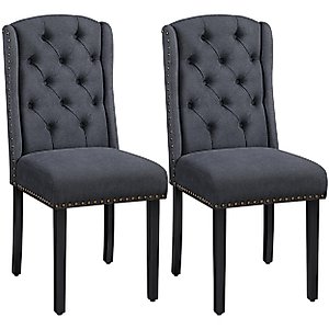 Yaheetech Dining Chairs Upholstered Fabric Chairs Tufted Kitchen Chairs with Solid Wood Legs, Nailhead Trims and Wing Design for Dining Room Kitchen and Restaurant, Set of 2, Gray