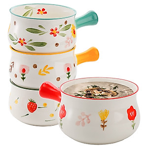 Okllen 4 Pack French Onion Soup Bowls with Handles, 20 Oz Porcelain Soup Crocks Stackable Bakeware Serving Bowls for Cereal, Chili, Beef Stew, Oatmeal, Microwave and Oven Safe, 4 Styles