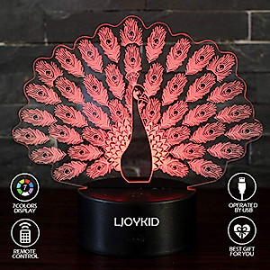 LJOYKID 3D Led Night Light Lamps - Optical Illusion 7 Colors Touch Table Desk Visual Lamp with Remote Control for Gifts for Children Kids (Peacock)