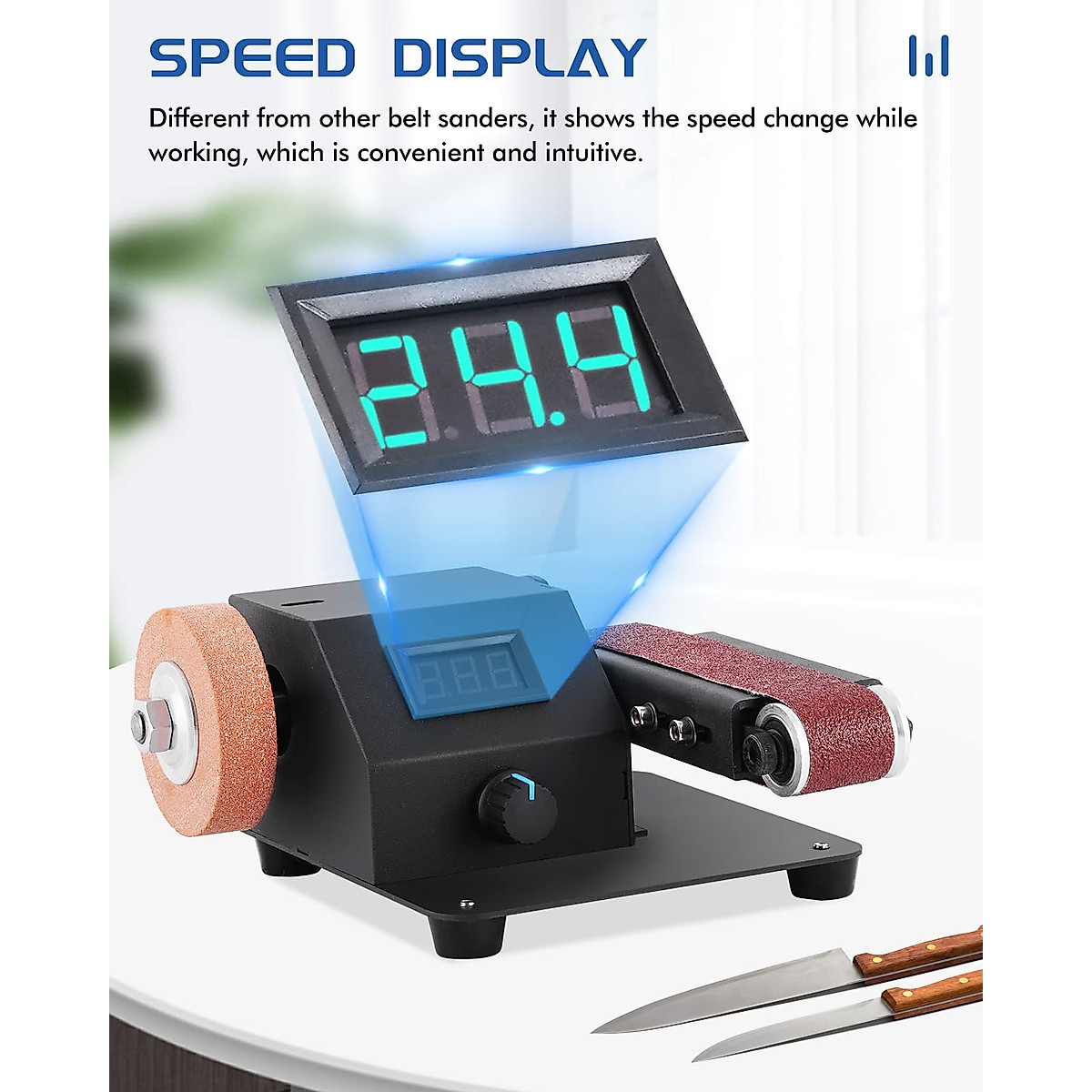 Mini Electric Belt Sander DIY 1.2x15in Electric Belt Sander for Knife Making Knife Sharpening Belt Sander Adjustable Speed with 15PCS Abrasive Belt for Wood Metal Knife Leather