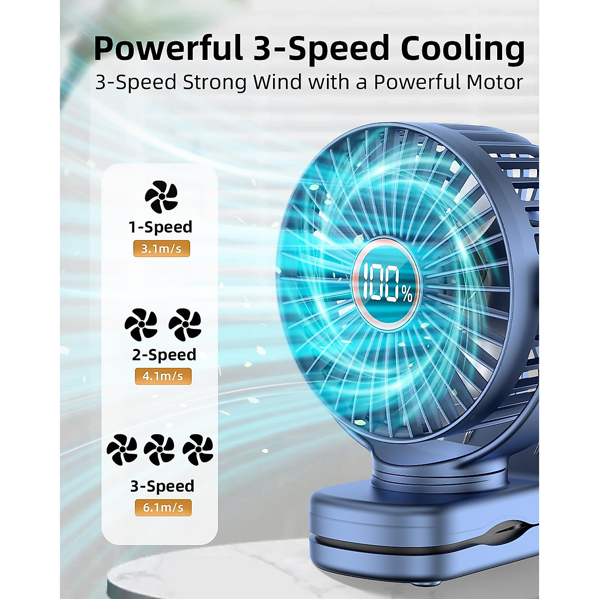 buywoo Portable Desk Fan, Battery Powered Stroller Fan With Strong Clamp Grip, 360° Rotation, 3-Speed & LED Display, Small Rechargeable Personal Clip On Fan For Bedroom, Office, Gyms, Blue