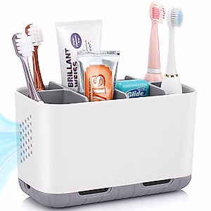 Boperzi Toothbrush and Toothpaste Holder Drainage for Bathroom Countertop with Adjustable Dividers, Large Toothpaste Caddy Organizer Storage Rustic Anti-Slip for Shower, Kitchen, Family, Kids Gray