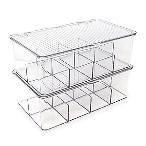Isaac Jacobs Divided Clear Plastic Organizer (10.75” x 6.5” x 3.7”) w/Hinged Lid, Stackable Storage Box for Tea Bags, Crafts, Office Supplies, Cosmetics, Jewelry, BPA-Free, Food Safe Pantry Container