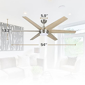 hykolity 54 inch Indoor Modern Ceiling Fan with Integrated LED Lights and Remote Control, 6 Blades, 6 Speed, Dimmable, 3CCT, Quiet Reversible Motor Ceiling Fan, Brushed Nickel