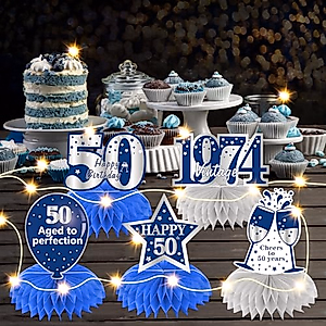 Bumqviy 9Pcs Happy 50th Birthday Honeycomb Decorations with String Lights for Men, Blue Silver Vintage 1974 Aged to Perfection Table Centerpiece Party Supplies, Fifty Years Birthday Table Sign Decor
