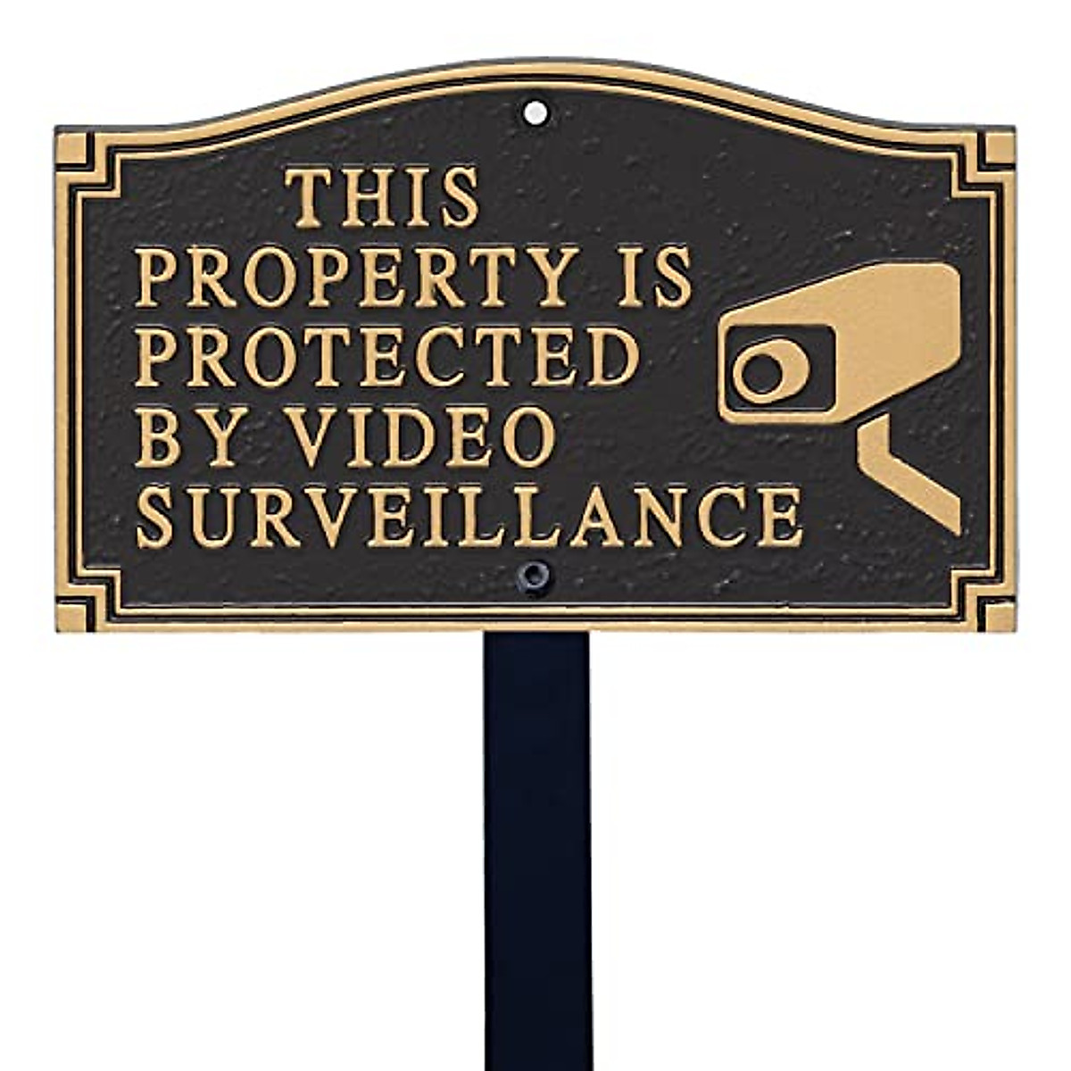 SmartSign 5.75 x 9.5 inch “This Property Is Protected By Video Surveillance” GardenBoss Statement Plaque with 18 inch Lawn Stake, 375 mil Rustproof Aluminum, Black and Gold, Set of 1