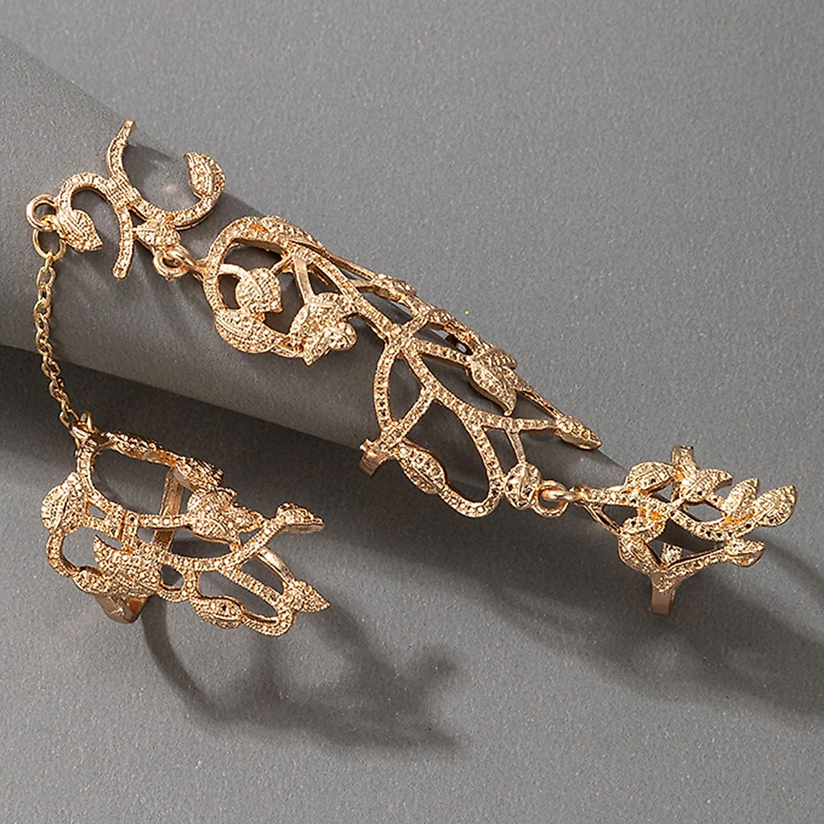 Full Finger Ring for Women Hand Chain Leaf Charm Finger Ring Bracelet with Chain Knuckle Open Long Finger Ring Hand Chains Adjustable Ring Bracelet Hand Chain Jewelry(Gold）