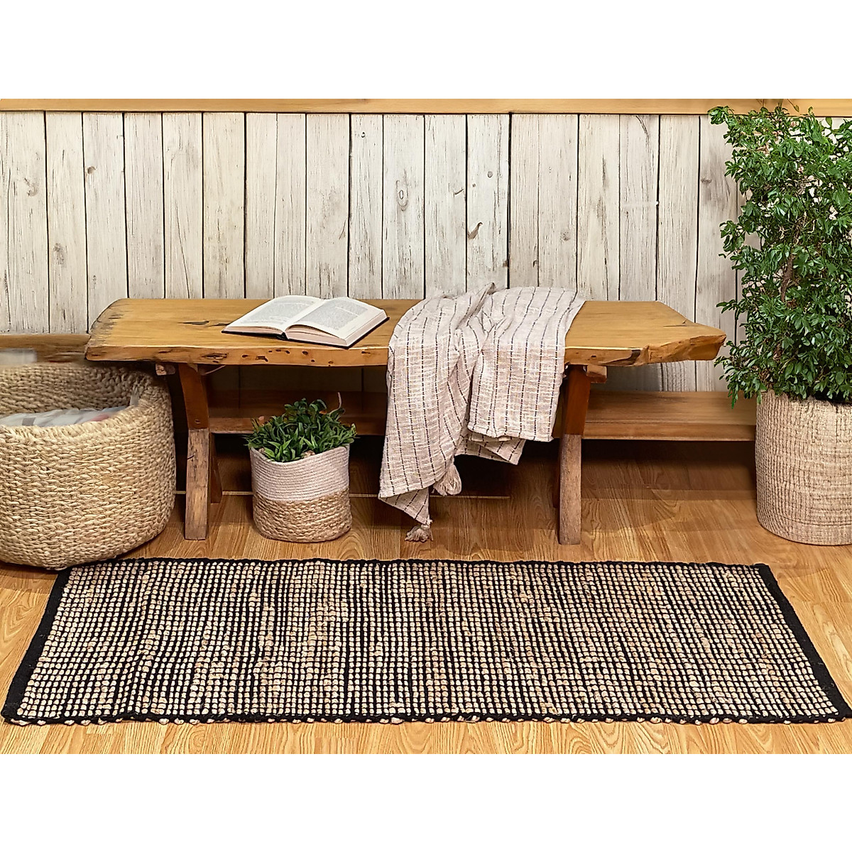 Chardin home Jute Rugs Collection- 2x5 Feet Jute Braids Rug, Boho, Rustic, Natural Jute/Black, Hand Woven Long Runner Rug for Bedroom, Living Room, Kitchen and entryways