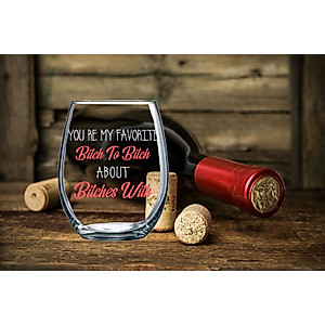 Your my Favorite Bitch to Bitch About Bitches with Funny 15oz Stemless Crystal Wine Glass - Fun Wine Glasses with Sayings Gifts for Women