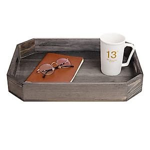 Grey Octagon Country Rustic Wood Nesting Breakfast Serving Trays,Coffee Serving Trays with Cutout Handles,16.5x12.25
