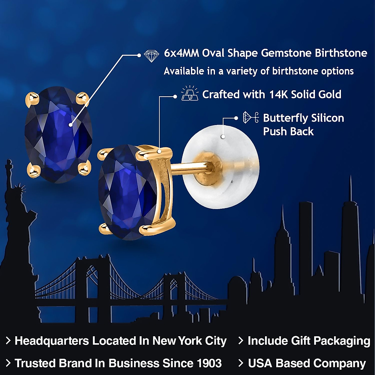 Gem Stone King 14K Yellow Gold Oval Blue Sapphire Stud Earrings | 0.90 Cttw | Gemstone September Birthstone | Oval 6X4MM | Gold Earrings For Women