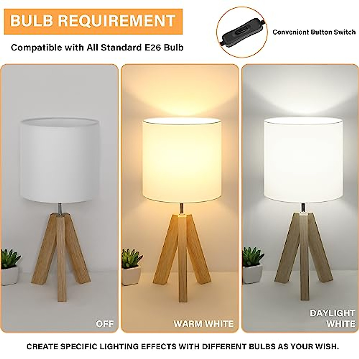 Small Beside Table Lamp, Wood Tripod Table Lamp with White Fabric Shade, Cute Boho Nightstand Lamp, Minimalist Desk Lamp for Bedroom, Living Room, Nursery, Kids Room, Office, Dorm, Bulb Not Included