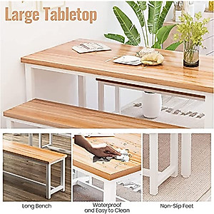 LinkRomat Dining Room Table Set 2 Benches,Dinner Table Set 4-6,Farmhouse Dining Room Table Set,Wood Breakfast Table Set & PU Leather Upholstered Benches Small Spaces,Apartment,Beige 43.4x23.7x28.6''