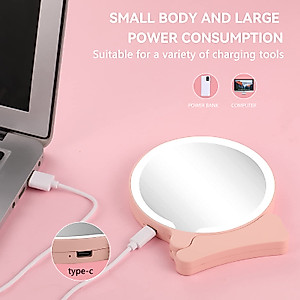 Hand Mirror with Light, Rechargeable Lighted Travel Makeup Mirror, Round Portable Small Handheld Mirror with Folding Handle, Lightweight (Pink)
