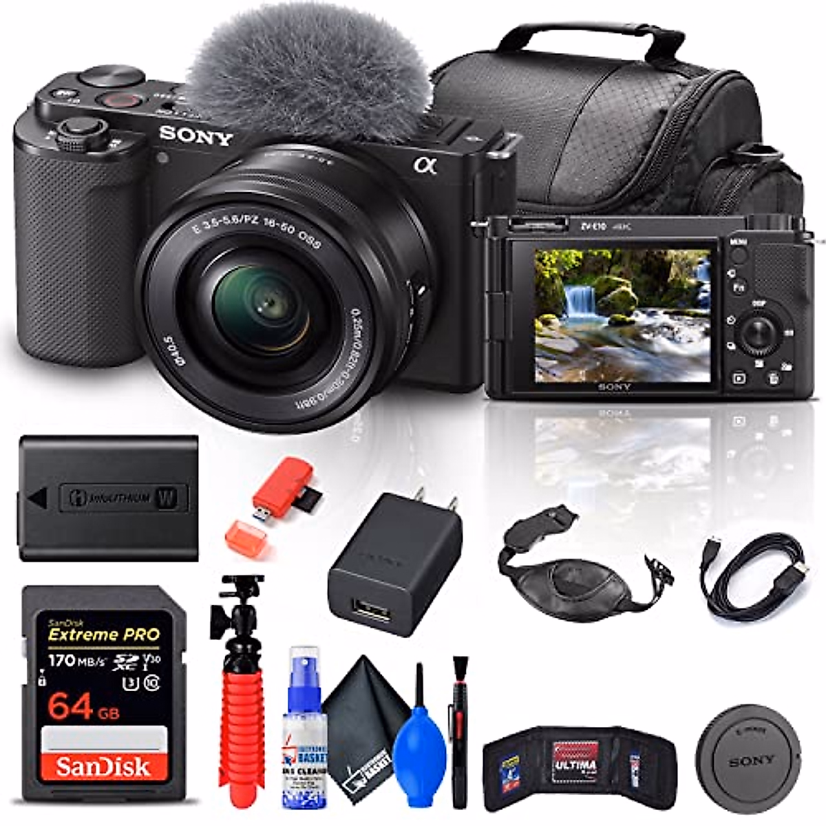 Sony ZV-E10 Mirrorless Camera with 16-50mm Lens (Black) (ILCZV-E10L/B) + 64GB Memory Card + Bag + Card Reader + HDMI Cable + Flex Tripod + Hand Strap + Memory Wallet + Cleaning Kit (Renewed)