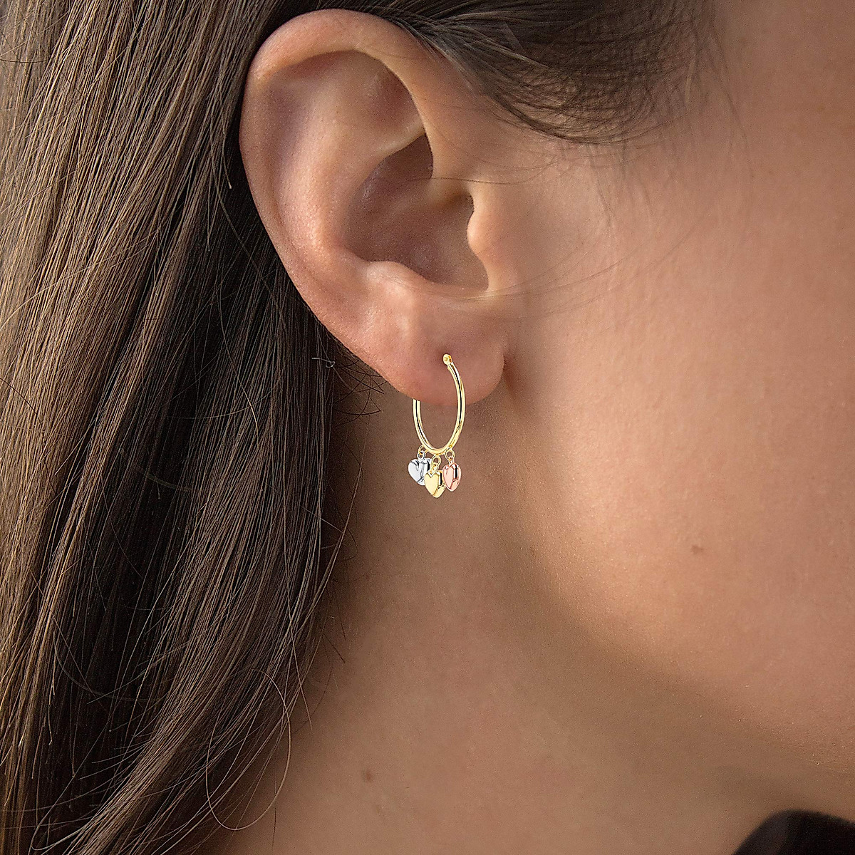 14K Tri-Color Gold Dangling Hearts Hoop Earring
