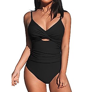 CUPSHE One Piece Swimsuit for Women Bathing Suits Twist Front Cutout Adjustable Straps Ruched Swimwear M, Black