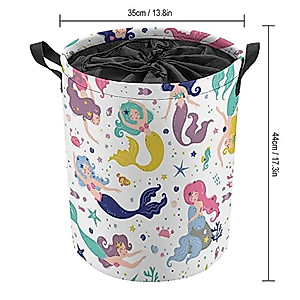 Funny Mermaids Laundry Hamper Collapsible Laundry Basket with Drawstring Waterproof Ocean Stars Toys Storage Basket with Handle, 14x17.3 Inches