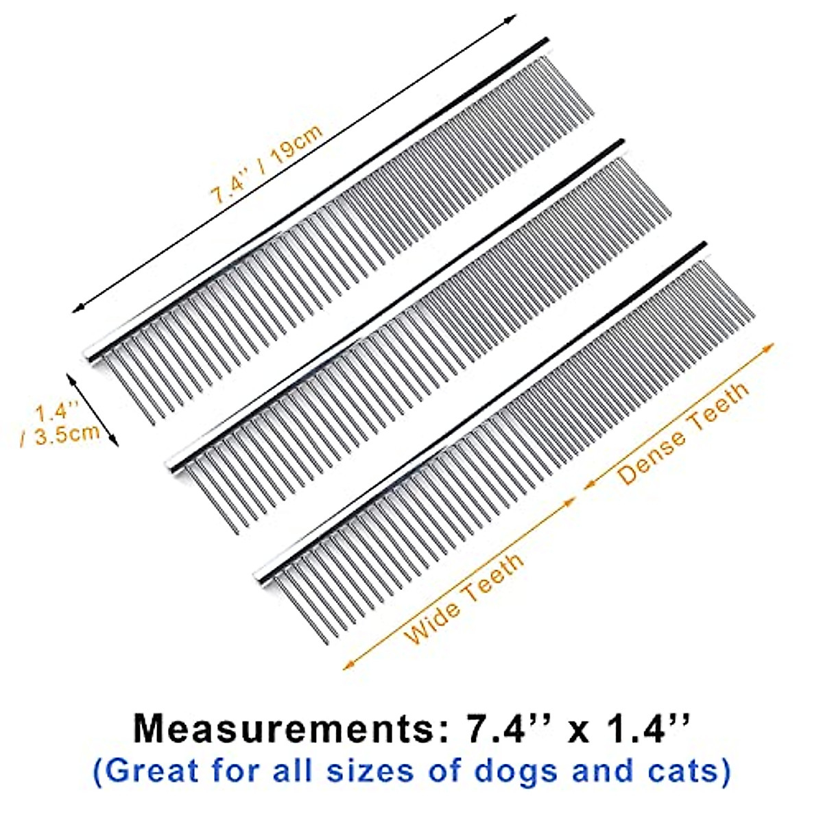 Dog Combs Cat Combs 3 Pack Pet Combs Stainless Steel Metal Comb Wide Tooth Comb&Dense Tooth Comb Flea Comb for Cats Dogs Dog Grooming Comb-Silver