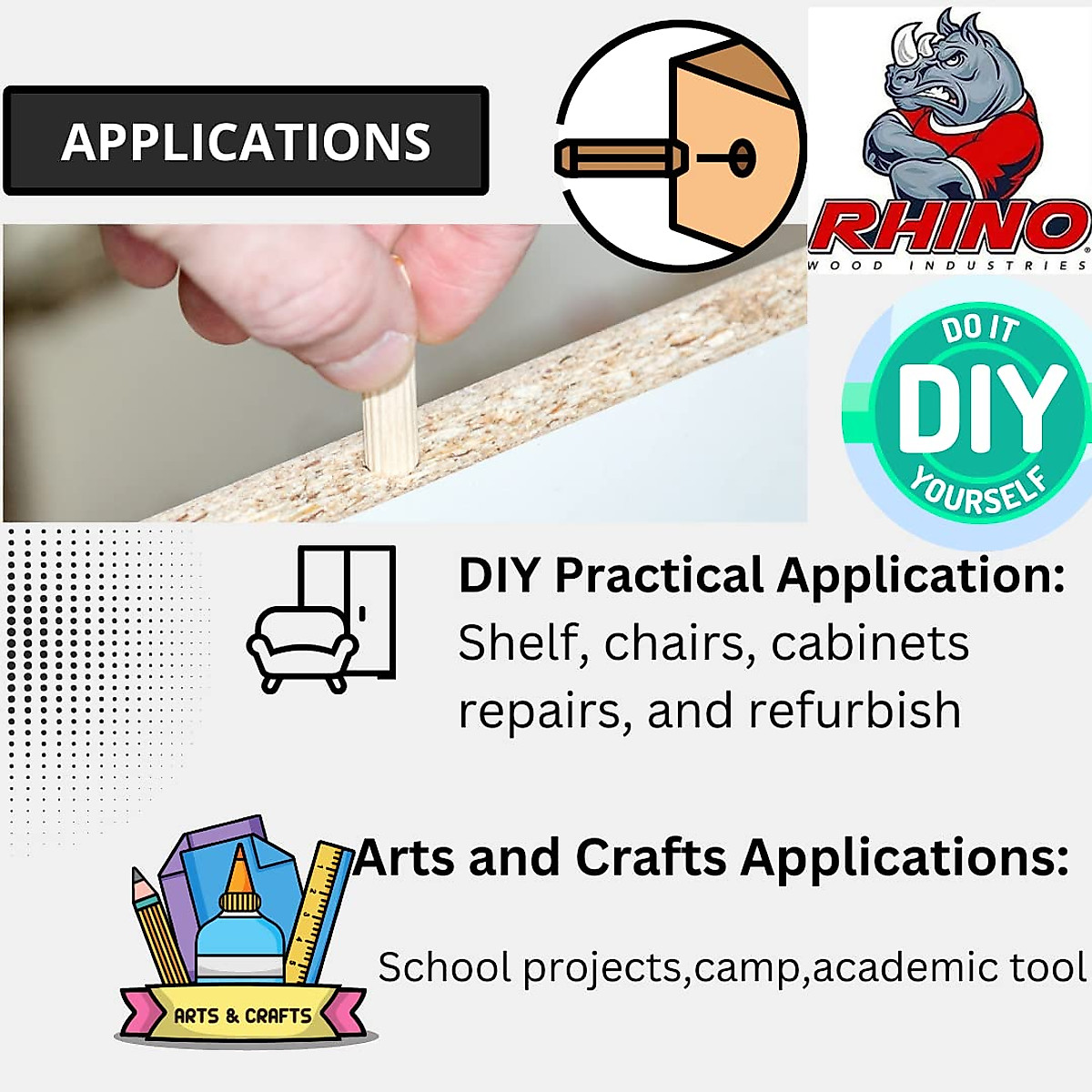 100 Pack 1/4" x 2" Wooden Dowel Pins Wood Kiln Dried Fluted and Beveled, Made of Hardwood