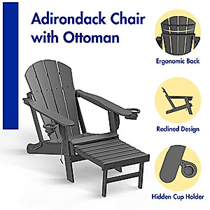 BRIOPAWS Folding Adirondack Chairs with Ottoman Set of 2, Weather Resistant HDPE Patio Chair w/Cup Holders & Retractable Footrest for Poolside Lawn Fire Pit Deck Outdoor Porch Campfire, Grey, 2 Pack