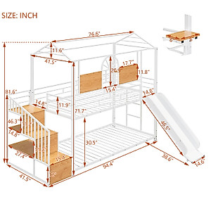 CALABASH Twin Over Twin House Bunk Beds with Slide and Storage Stair with Storage Stairs, Steps Kids Metal Low Bunk Beds with Guardrails for Girls & Boys (White)
