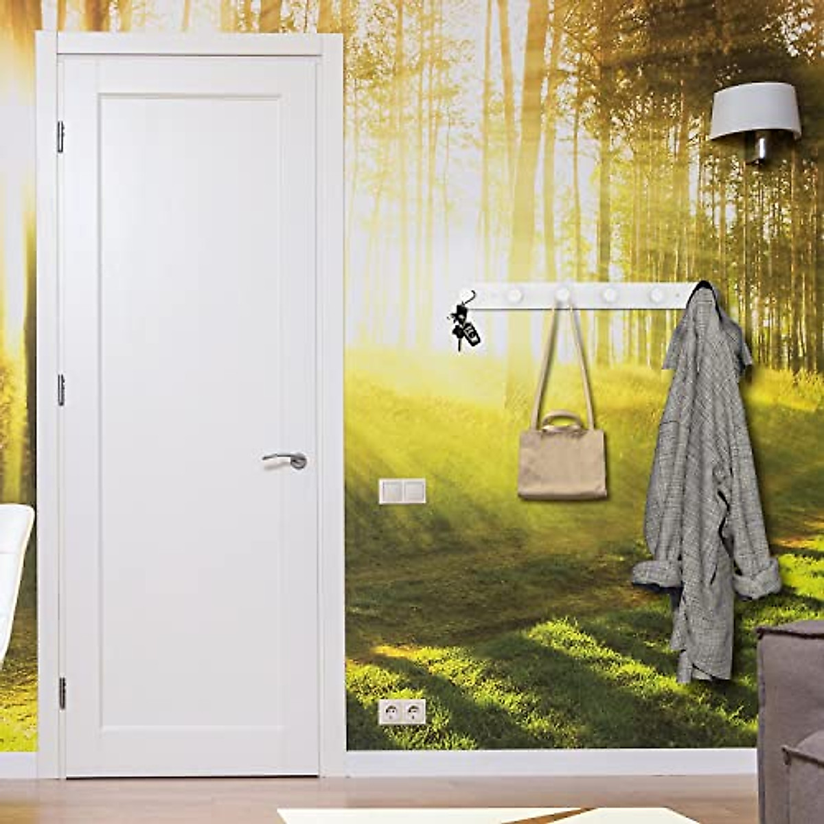 AJLTPA Coat Rack Wall Mounted, White Coat Hooks Adhesive & Screw in, Stainless Steel Door Hooks for Hanging Hat Towels Clothes, Hook Rail with 6 Round Hangers