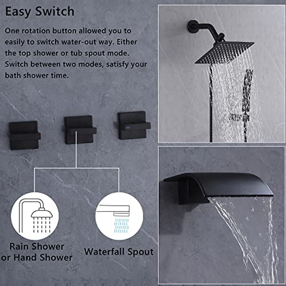 FSCEPIXI 3 Handles Tub Shower Faucet,Bathtub Shower Faucet Set with Tub Spout,Dual 2 in 1 Shower System Complete Tub and Shower Trim Kit,Matte Black