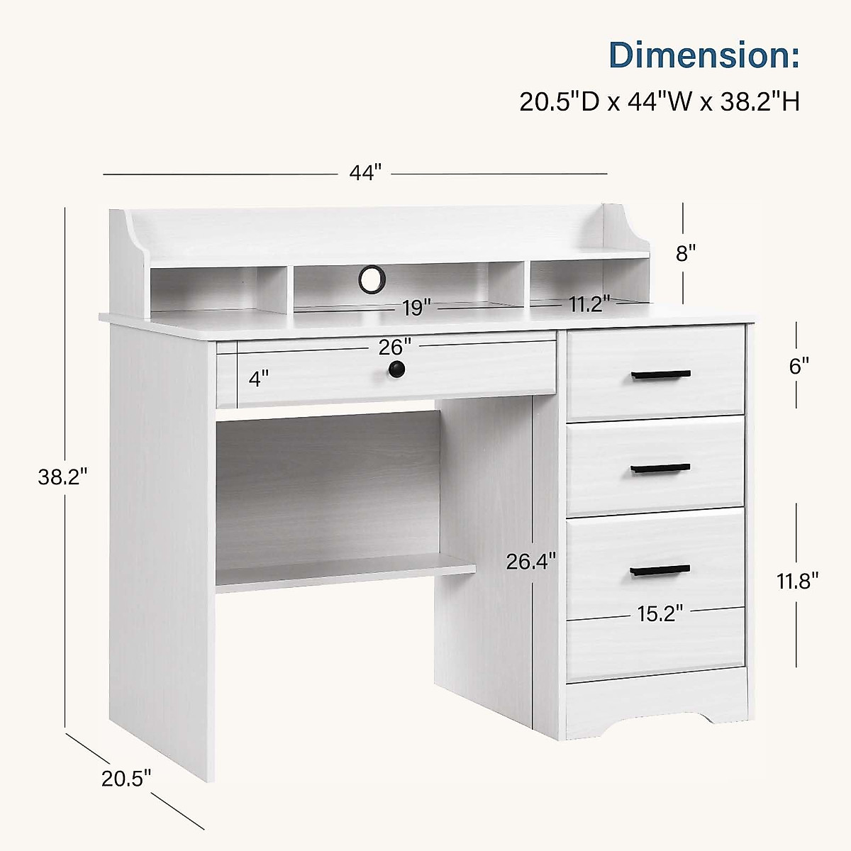MaverickFurni White Desk with 4 Drawers, Computer Desk with Drawers and Hutch&Shelf, Wood Writing Home Office Workstation, Student Desks for Bedooms with Drawers, 38.2” H x20.5” D x44” W - White