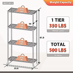 FDW Wire Shelving Storage Shelves 4-Shelf Adjustable NSF Wire Shelf Heavy Duty Storage Shelving Unit on 3” Wheel Casters Commercial Metal Wire Rack 36L x 14W x 62H,Black