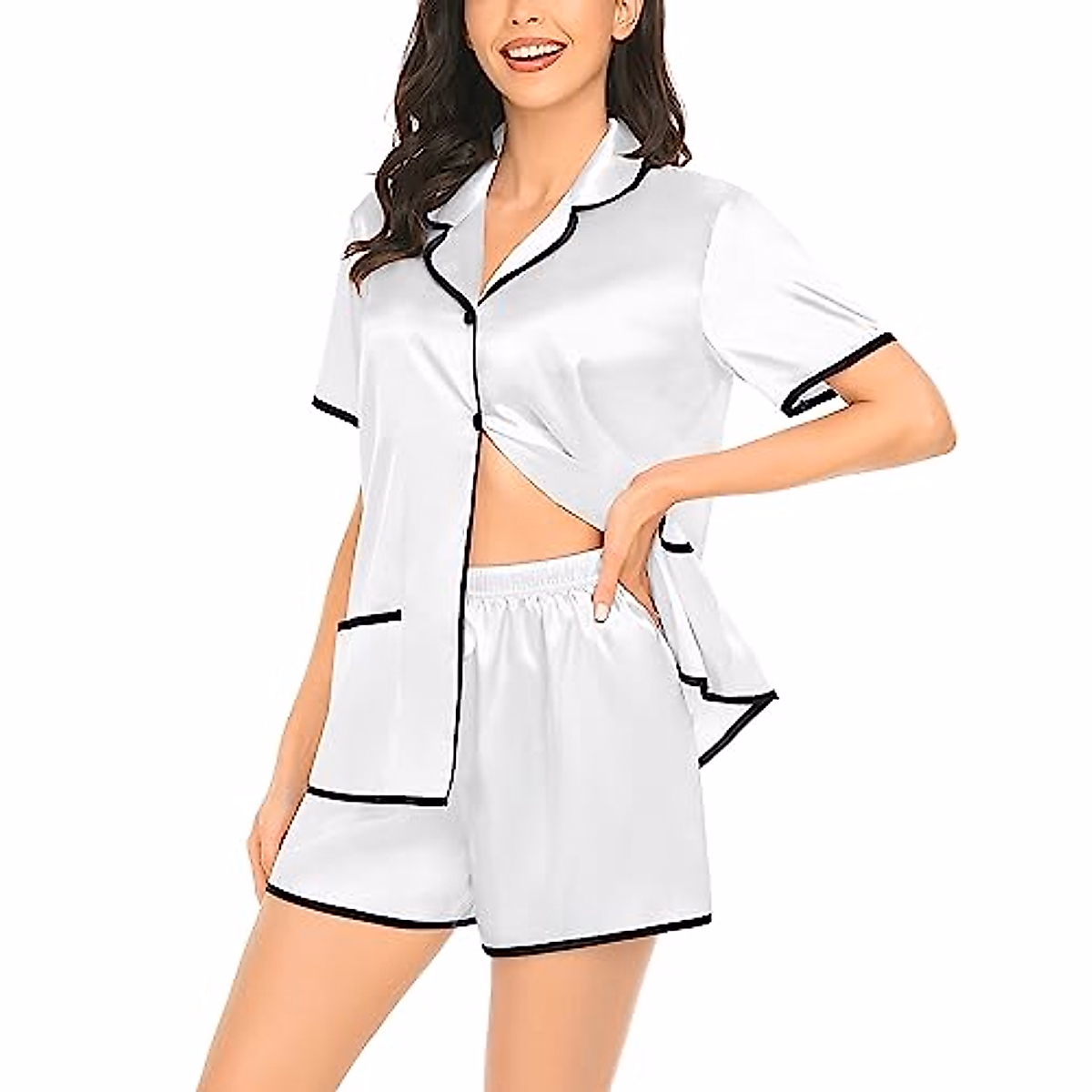SWOMOG Womens Silk Satin Pajamas Set Two-piece Pj Sets Sleepwear Loungewear Button-Down Pj Sets White