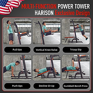 HARISON Multifunction Power Tower with Bench Pull Up Bar Dip Station for Home Gym Workout Strength Training Fitness Equipment