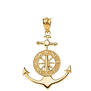 Certified 14k Yellow Gold Nautical Anchor Ship Wheel Mariners Compass Charm Pendant