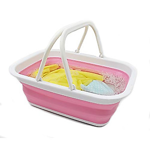 SAMMART 9.2L (2.37Gallon) Collapsible Tub with Handle - Portable Outdoor Picnic Basket/Crater - Foldable Shopping Bag - Space Saving Storage Container (1, White/Pink)