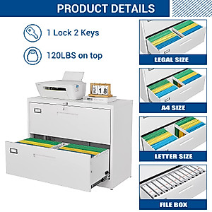 Fesbos Lateral File Cabinet with Lock, 2 Drawer Large Metal Filing Cabinet,Home Office Lockable Storage Cabinet for Hanging Files Letter/Legal/F4/A4 Size-Assembly Required