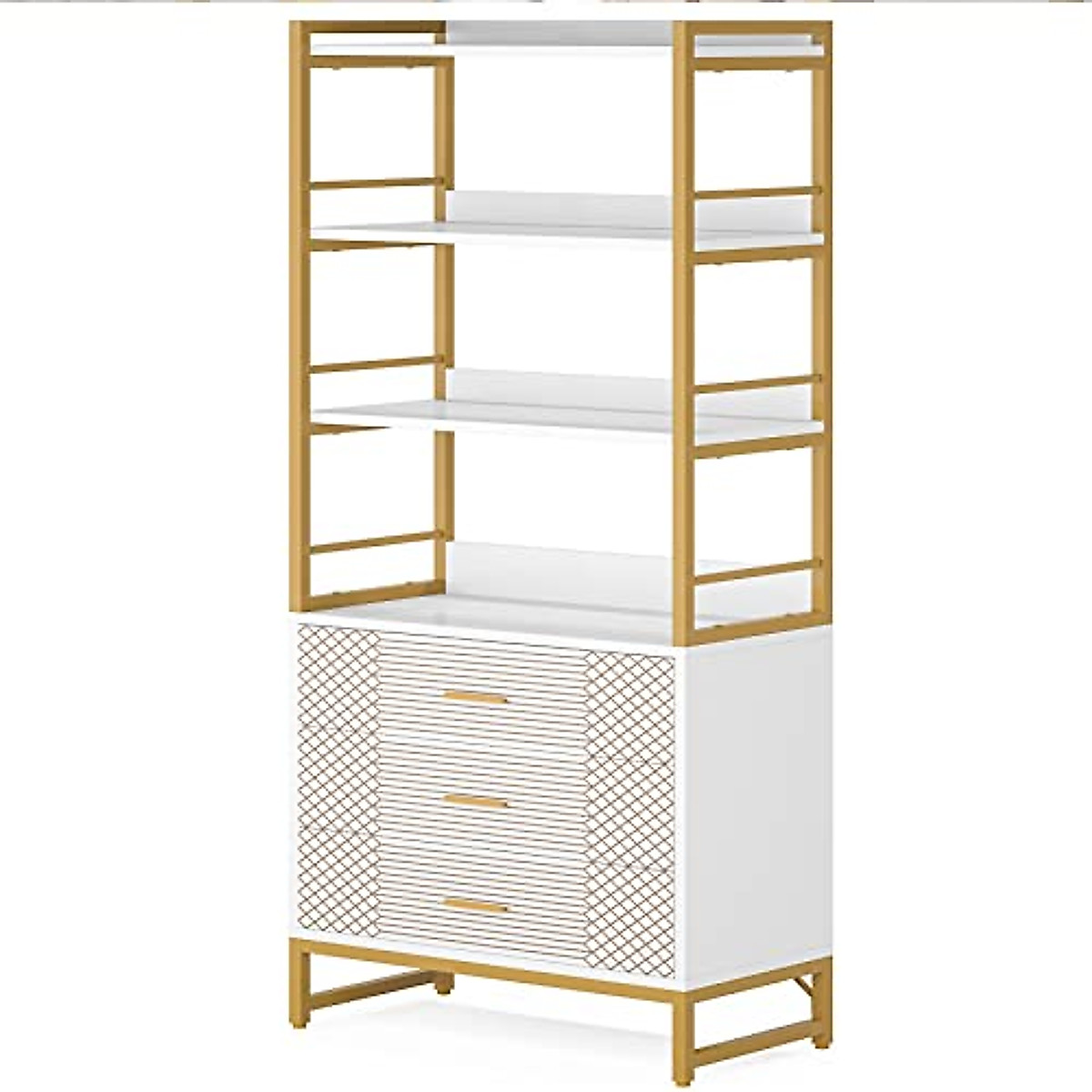 Tribesigns Gold White Bookshelf with 3 Drawers, Tall Ladder Shelf Bookcase with Storage, Modern Bookcases and Book Shelves 4 Shelf Organizer, Metal Wood Book Shelving Unit for Bedroom, Office