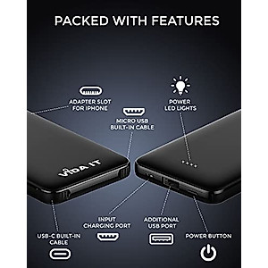 Vida IT Compact Power Bank Portable Charger for Samsung Galaxy S21 S20 S10 S7 Edge Google Pixel 6 6A 5 4 4A Motorola LG Android Cell Phone USB-C External Battery Pack 5000mAh with Built-in Cable