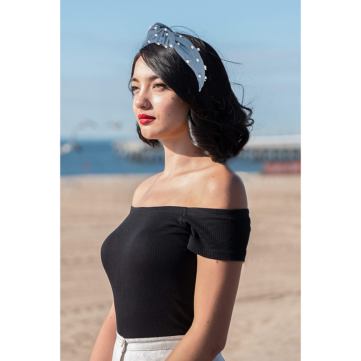 YETASI Denim Blue Pearl Knotted Headband for Women. Comfy Soft Fabric Top Knot Headband. Light Blue Jean Headband for Women Fashion Gets Compliments.