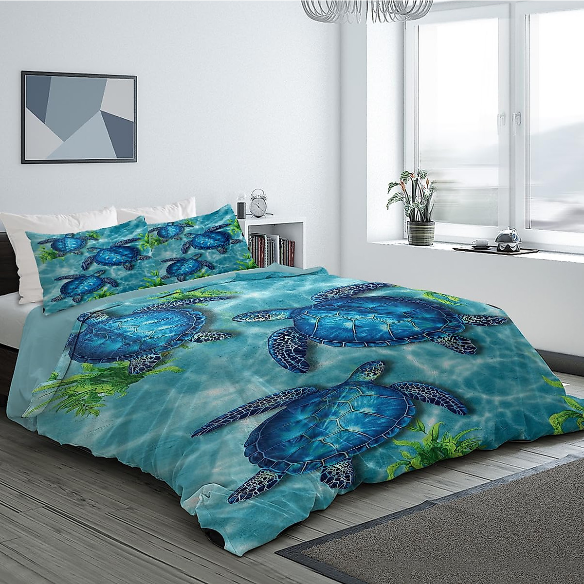 MILANKET Sea Turtle Duvet Cover Set, 100% Microfiber Blue Sea Turtle and Seaweed Pattern Bedding Set King Size, 3 Piece Ocean Turtle Themed Duvet Cover for Teens Boys and Girls