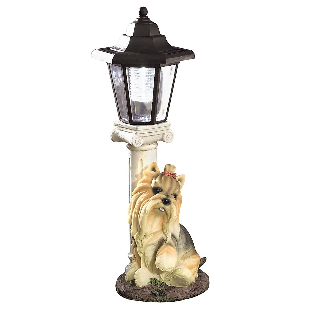 Bits and Pieces - Solar Yorkie Lantern-Solar Powered Garden Lantern - Resin Dog Sculpture with LED Light