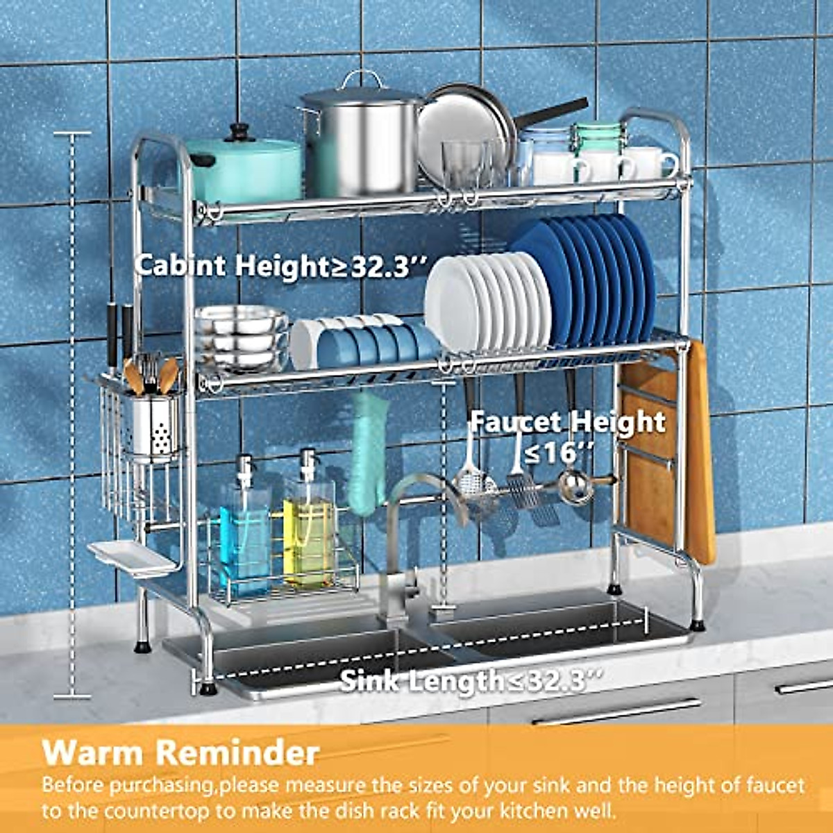 KETAZERO Over The Sink Dish Drying Rack, 2 Tier Stainless Steel Dish Drainer Rack with Cutting Board Holder Help You Save More Counter Space
