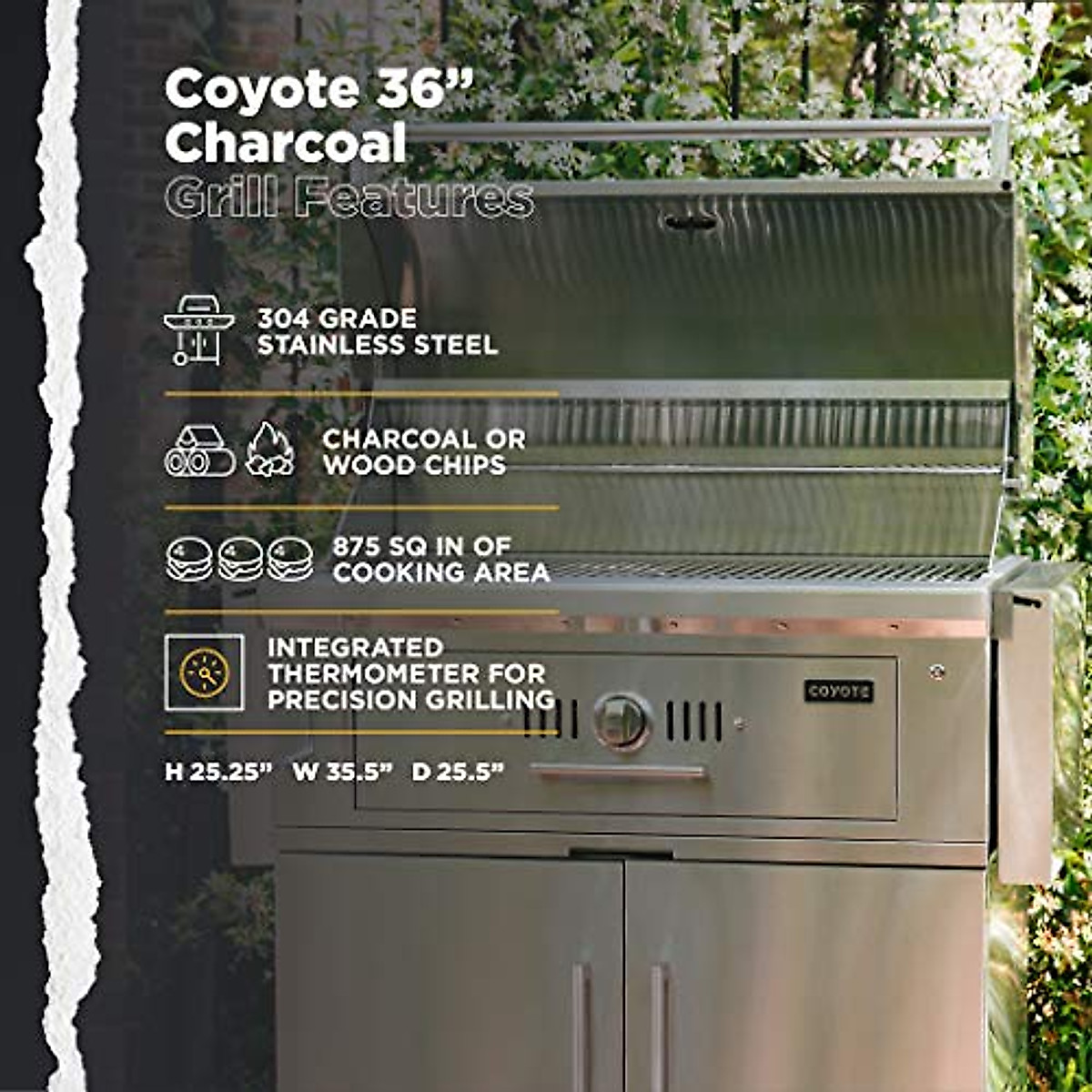 Coyote 36-Inch Built-in Charcoal Grill - C1CH36, Stainless Steel, 875 sq. in. Cooking Area