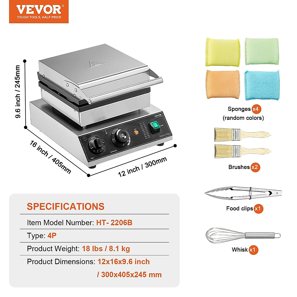 VEVOR Commercial Waffle Maker, 4PCS Round Waffle Baker Machine,1750W Non-Stick Stainless Steel Belgian Waffle Iron with Temperature and Time Control, for Restaurant Bakery Snack Bar Family