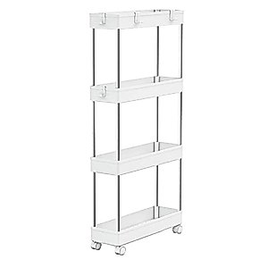 MELDEVO 4 Tier Slim Storage Cart Mobile Shelving Unit Organizer Slide Out Storage Rolling Utility Cart Tower Rack for Kitchen Bathroom Laundry Narrow Places, Plastic & Stainless Steel, White