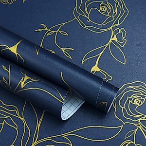 118"x17.3" Peel and Stick Wallpaper Gold and Blue Contact Paper Dark Blue Wallpaper Removable Wallpaper Floral Contact Paper for Walls Covering Vinyl Rolls