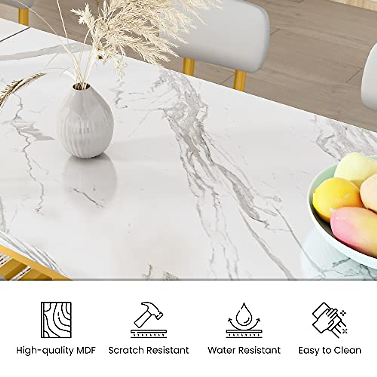 AWQM Faux Marble Dining Table with 4 PU Upholstered Chairs, 5-Piece Breakfast Table Bar Table and Backrest Chairs with Footrest, Kitchen & Dining Room Set for 4, Space Saving Furniture (White & Gold)