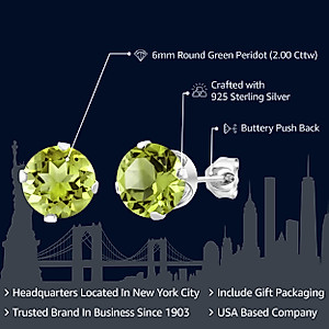 Gem Stone King 925 Sterling Silver Green Peridot Stud Earrings For Women (2.00 Cttw, Gemstone Birthstone, Round 6MM)