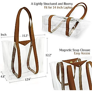 Clear Tote with Vegan Leather Pouch Women Weekender PVC Handbag Shopper Work Bag (Brown)