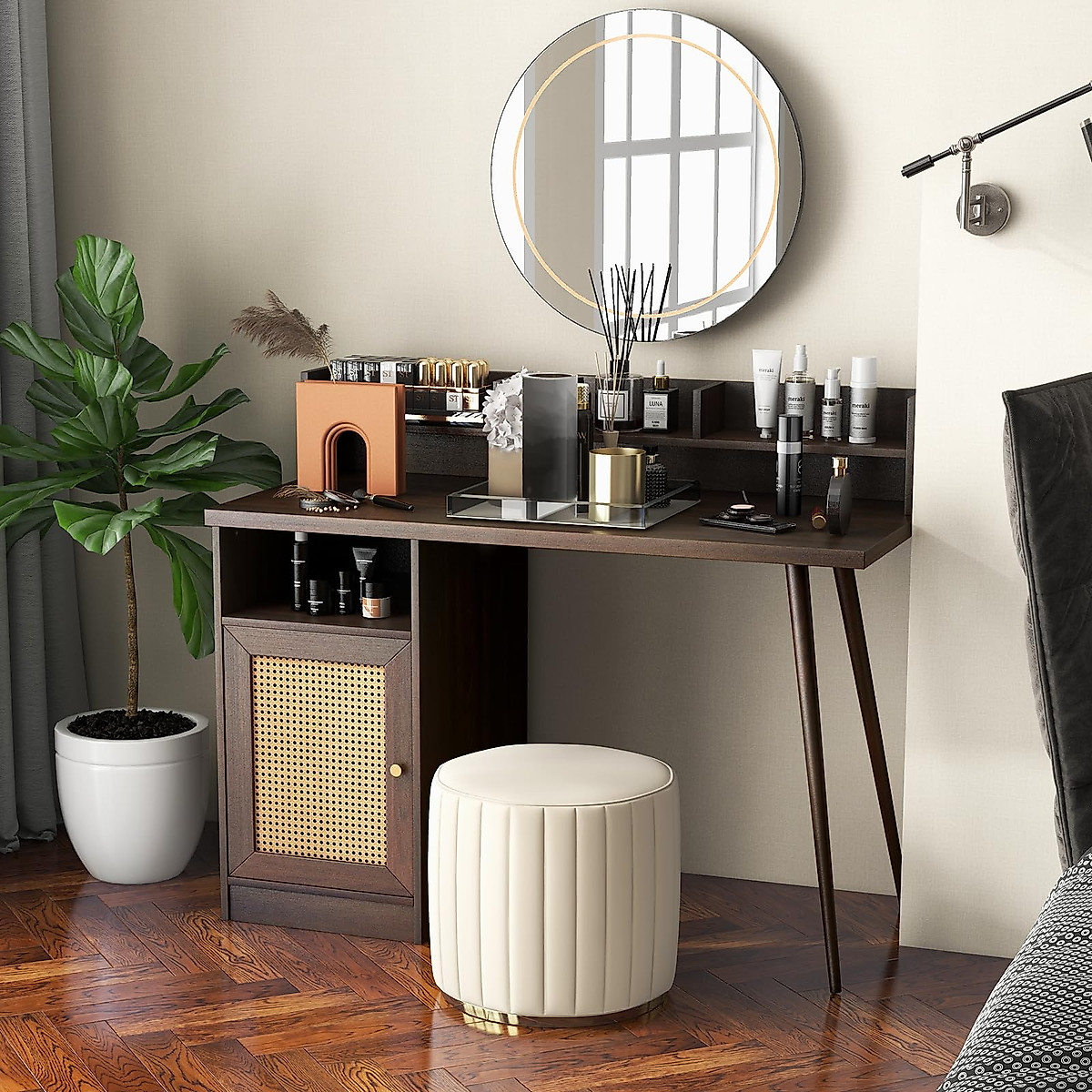 Tangkula Mid Century Desk with Hutch, 48” Writing Study Desk with PE Rattan Storage Cabinet & Shelves, Laptop PC Desk with Rubber Wood Legs, Compact Computer Workstation for Home Office (Brown)