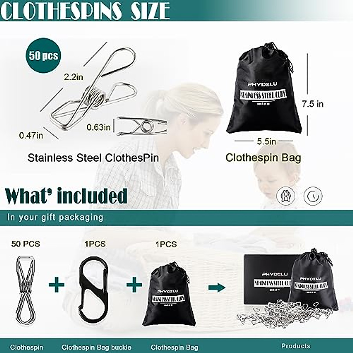 50PCS Clothes Pins Heavy Duty Outdoor, clothespins for Hanging Clothes, Laundry Cloths pin Clips Clothes pin Clothespin Close Clothing pins Snack for Food Bag (Small Size Clothespin)